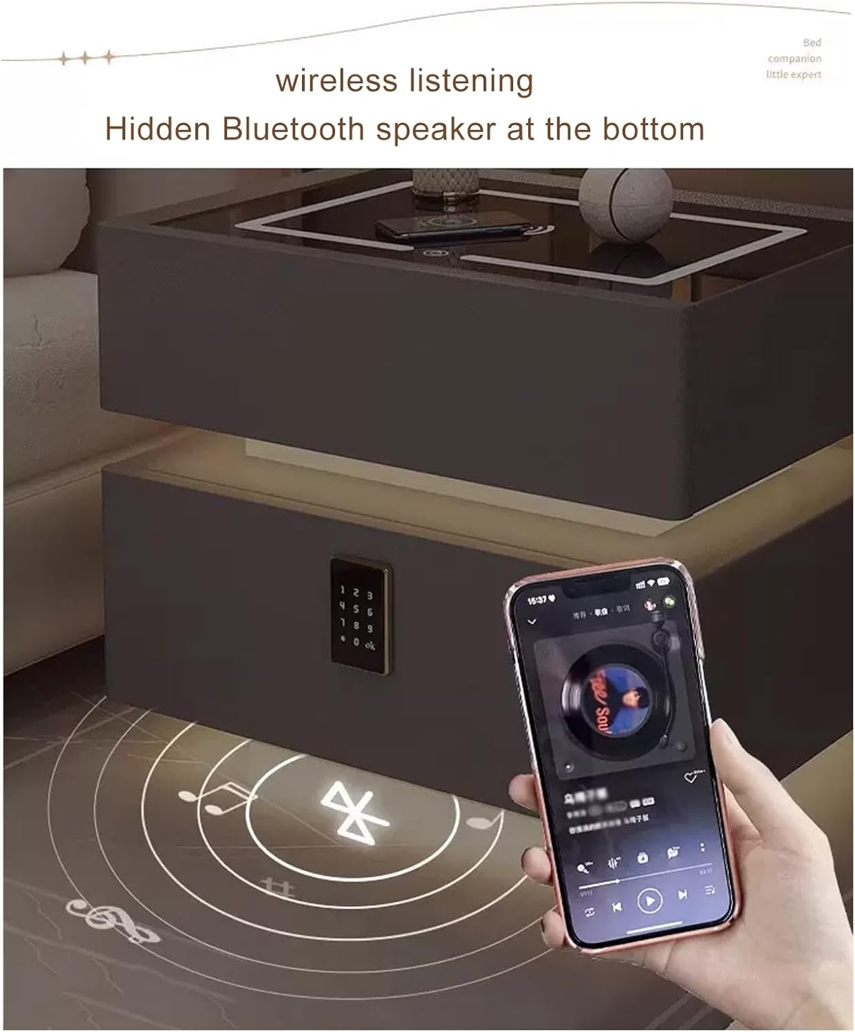 Noptiera Neagra Smart cu Incarcare Wireless, Lumini, Amprenta, Boxa Bl