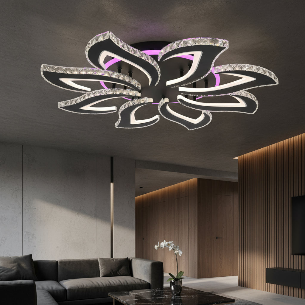 Lustra LED Camelia Grande Cristal RGB Black Echivalent 800W Telecomand