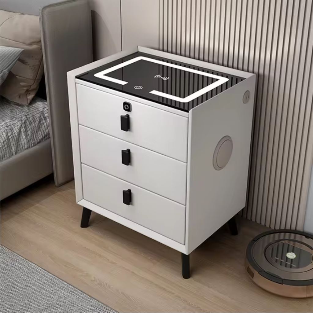 Noptiera Alba Smart cu Incarcare Wireless, Lumini, Amprenta si Boxa Bl